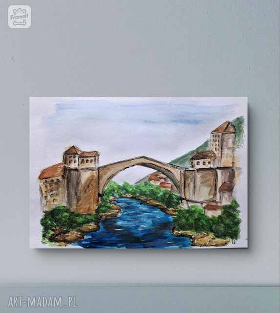 Mostar Miasto Most Bośnia Pejzaż Rzeka Obraz Akwarela 21x30 ღ art-Madam.pl