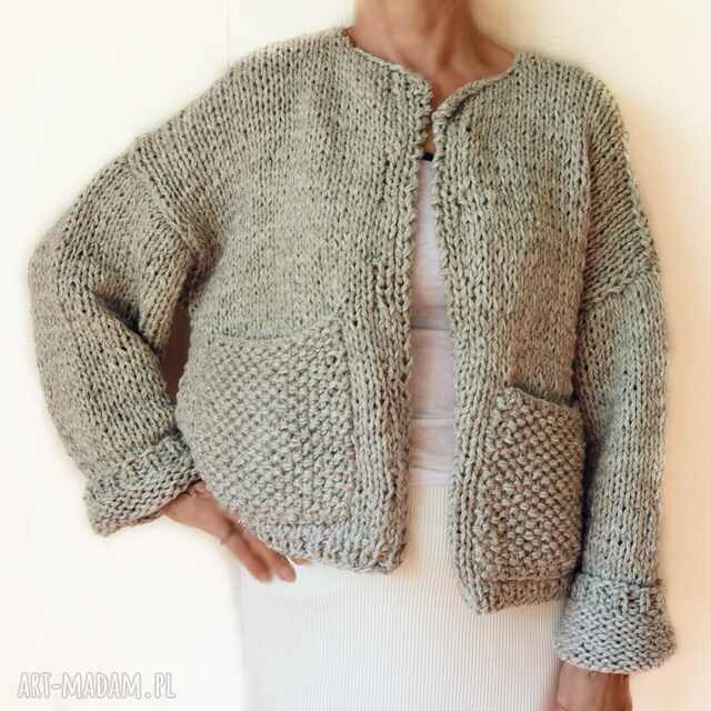 krótki sweter ręcznie robiony na drutach oversize rozpinany - unikalne ...