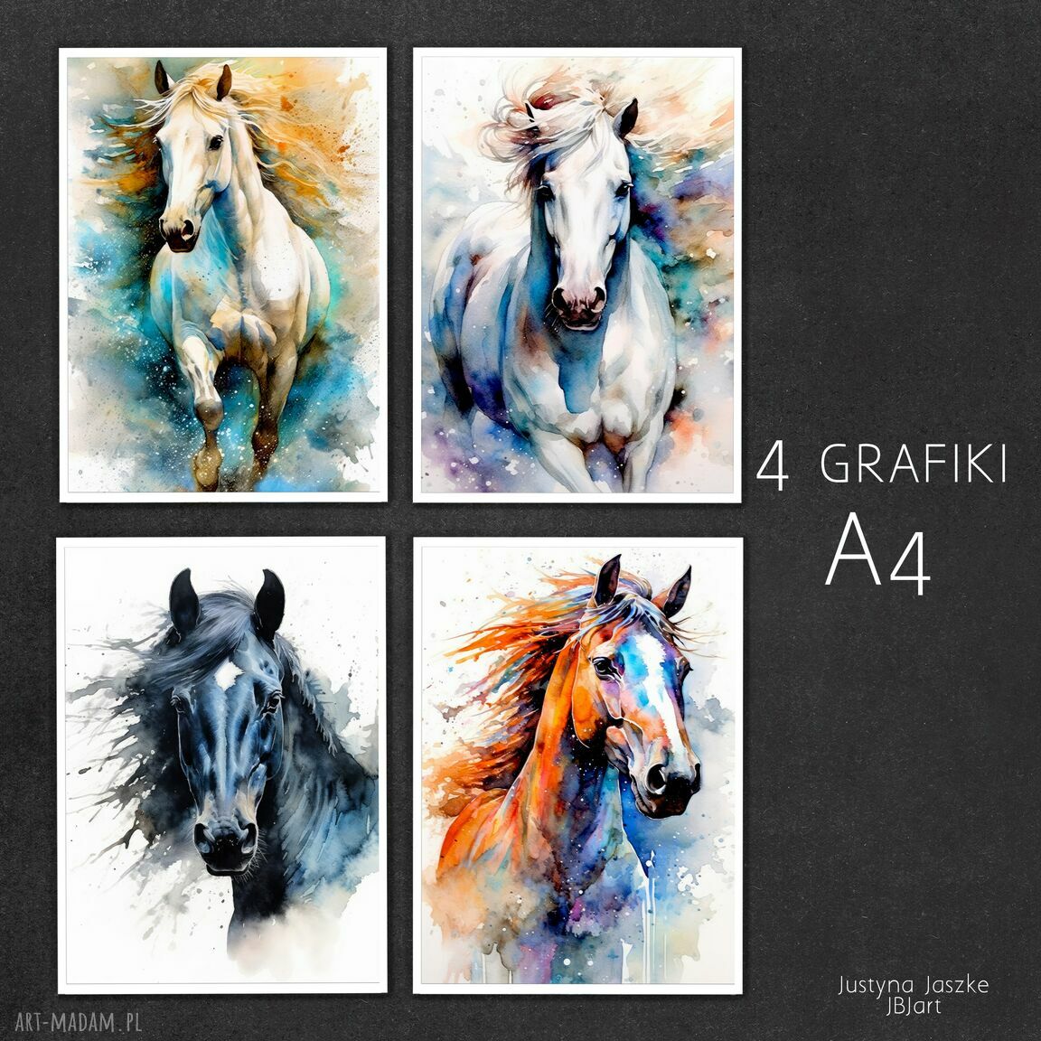 4 grafiki A4 konie - Justyna Jaszke ღ art-Madam.pl