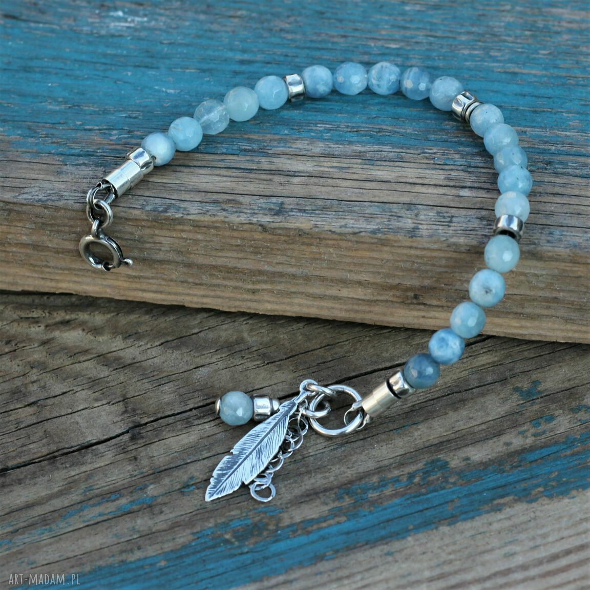 Akwamaryn z Piórkiem II - Nietypowe Bransoletki ღ art-Madam.pl