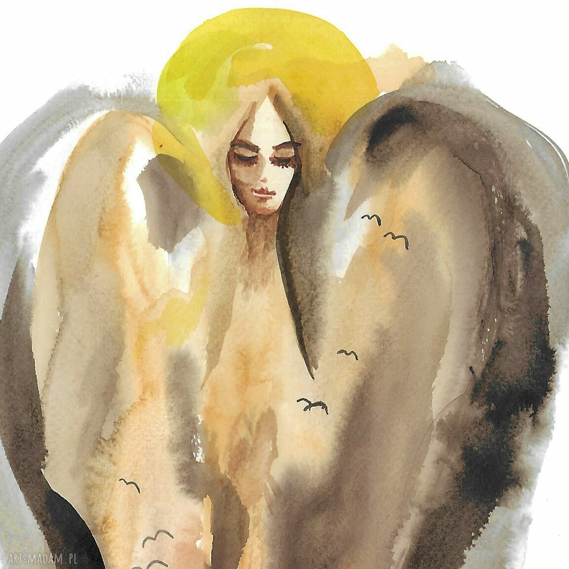 Akwarela &anioł w Pejzażu" Malowana Ręcznie o Wymiarach 34cm ღ art-Madam.pl