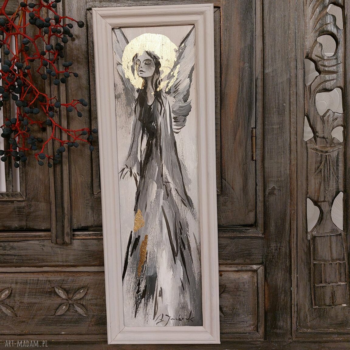 anioły" tryptyk ręcznie malowany akrylowymi farbami złocone ღ art-Madam.pl