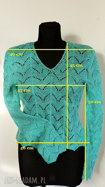 ażurowy turkusowy sweter damski dziergany na drutach rozm 36 ღ art-Madam.pl