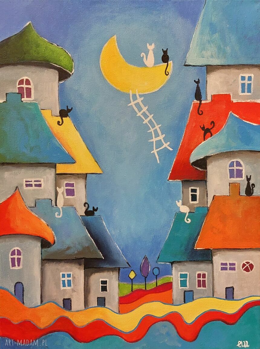 bajkowe miasteczko kotków obraz arylowy formatu 30/40 cm ღ art-Madam.pl