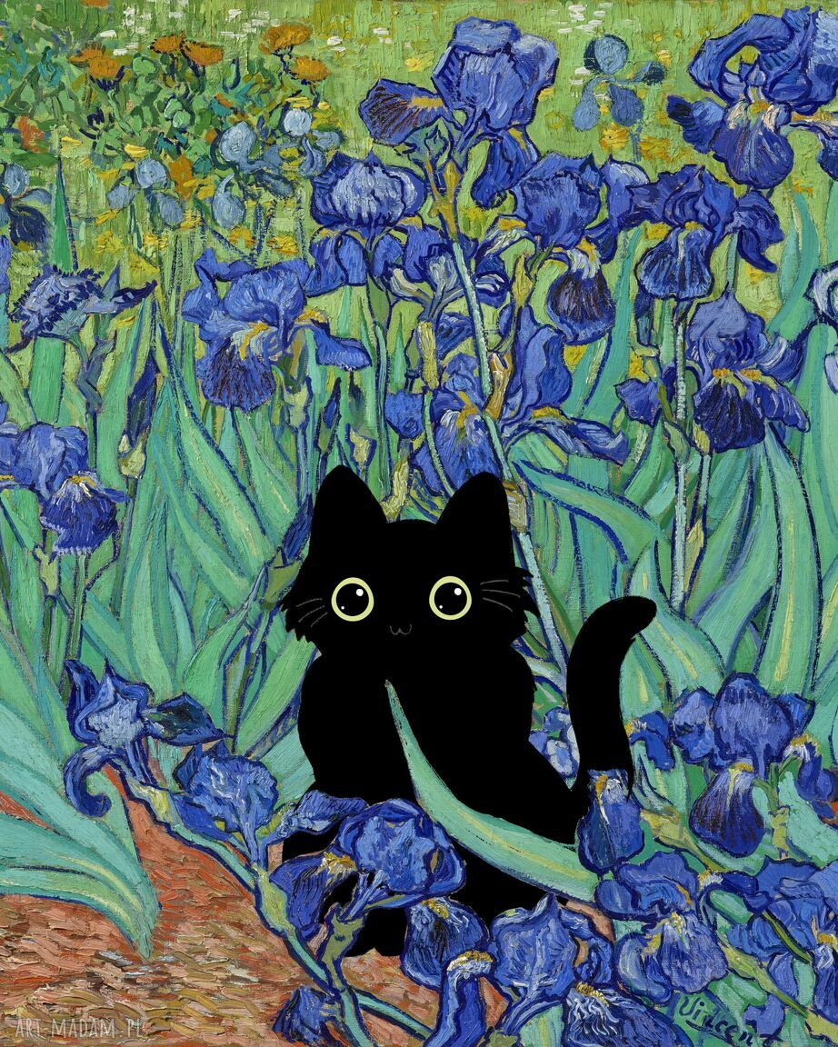 plakat czarny kot w irysach van gogh'a 40x50 śmieszny z kotem ღ art ...