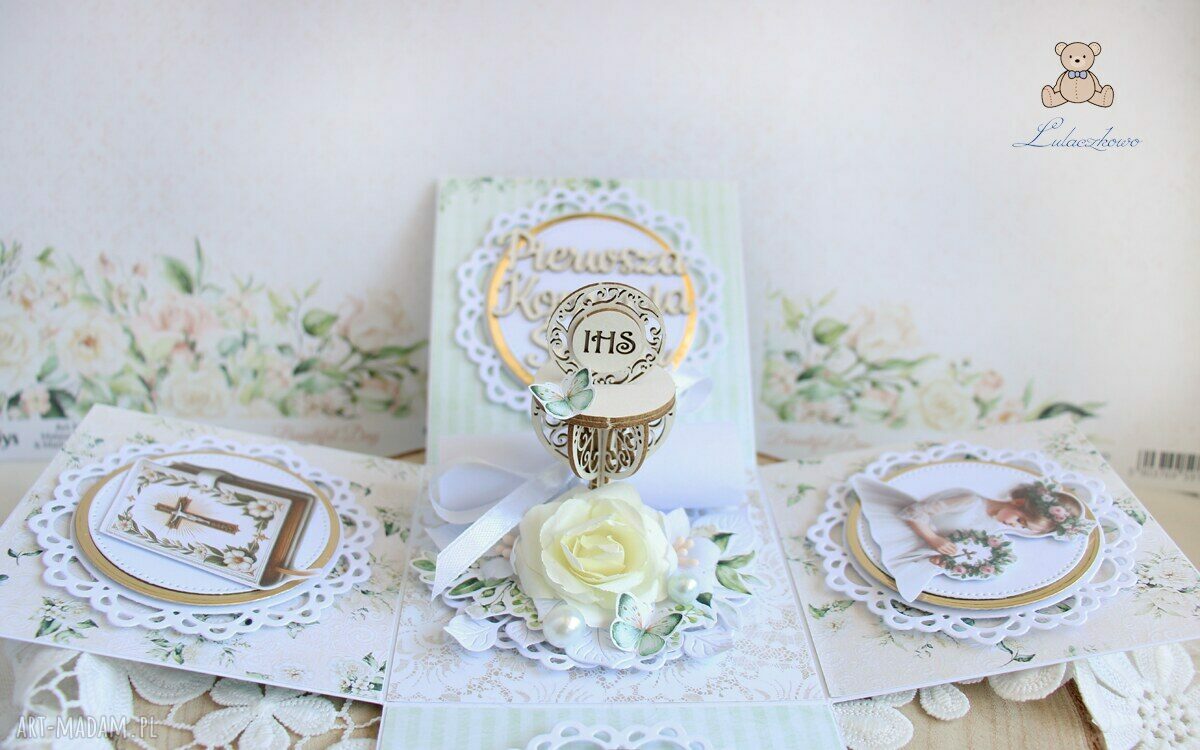 exploding box komunijny kartka na komunię "greenery 5" ღ art-Madam.pl