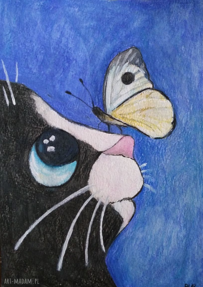 Kotek z Motylem Akwarela Formatu A5 - Atrakcyjne Obrazy ღ art-Madam.pl