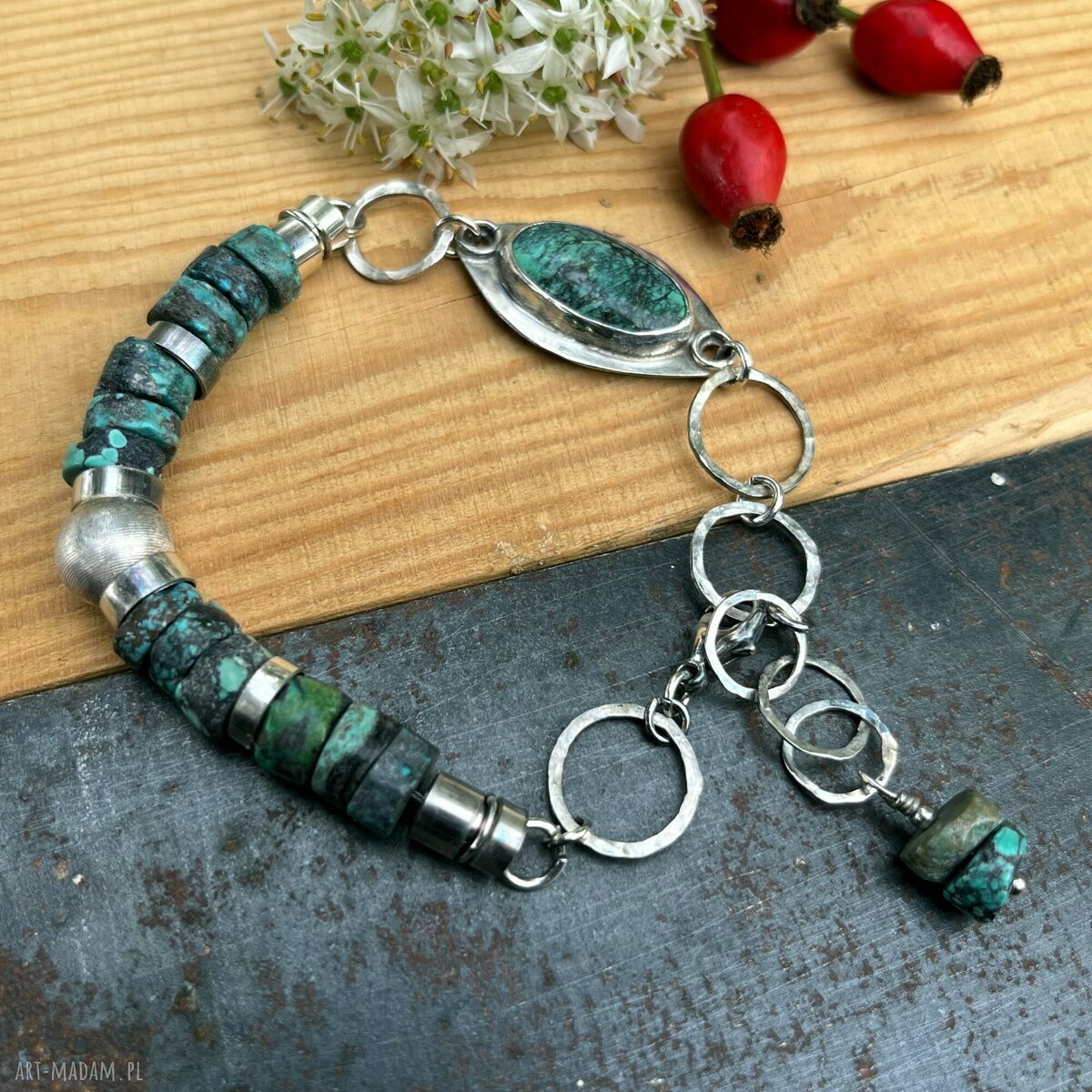 ręcznie robione - turkus i skrzydła lasu - bransoletki ღ art-Madam.pl