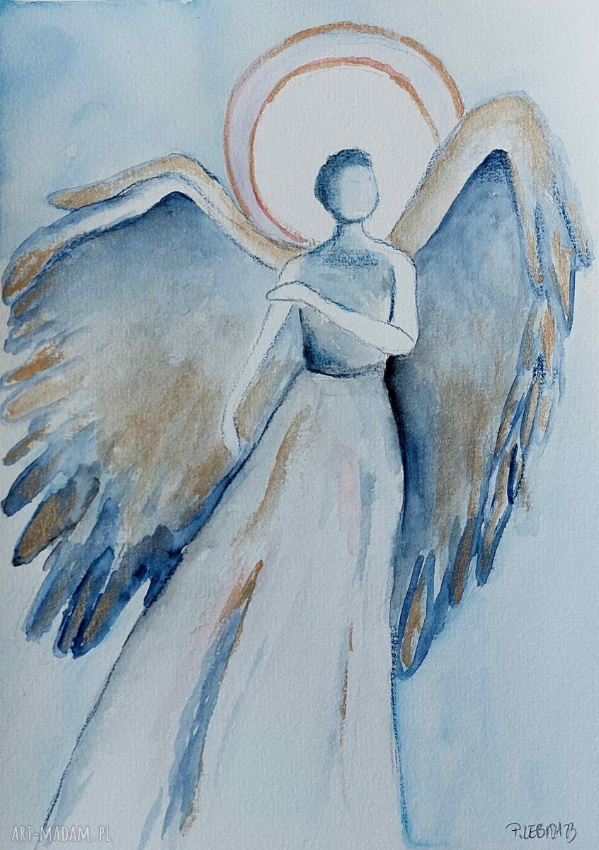 Anioł ze Złotem Akwarela Formatu A5 - Obrazy ღ art-Madam.pl