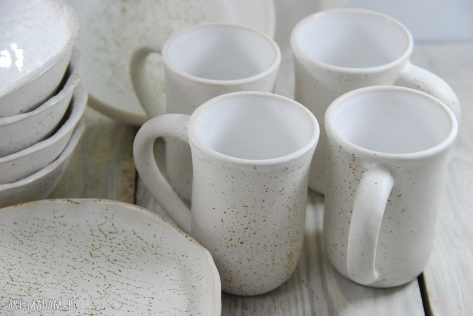 zestaw ceramiczny dla czterech osób "nakrapiana biel" ღ art-Madam.pl